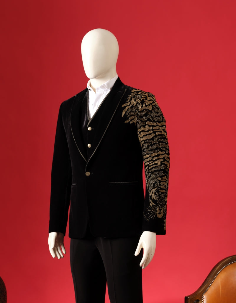 Midnight Inferno | Black Velvet Embroidered Blazer at THE HUB